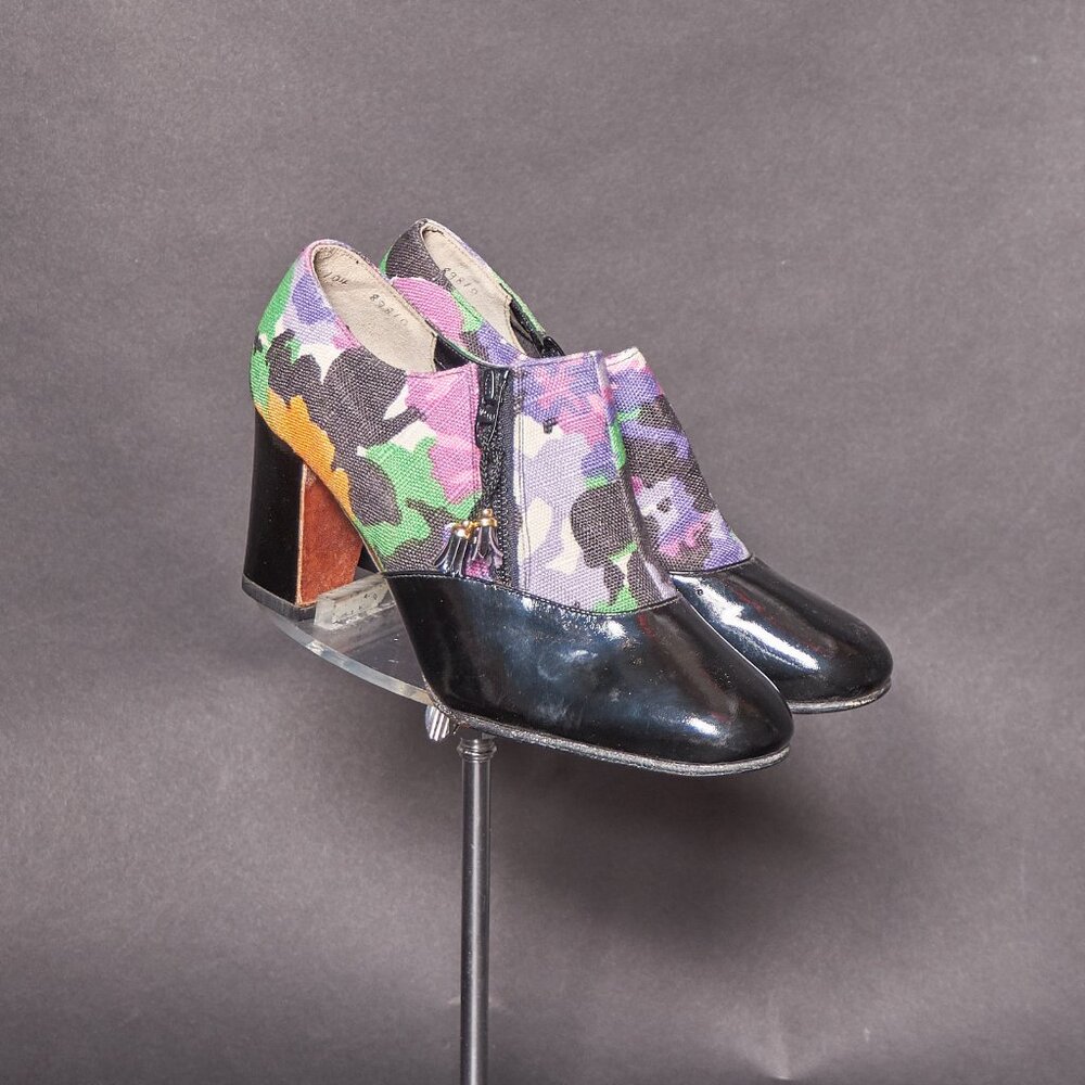 1960s Lady Doll Mod Heels Black And Psychedelic Purple - Gem